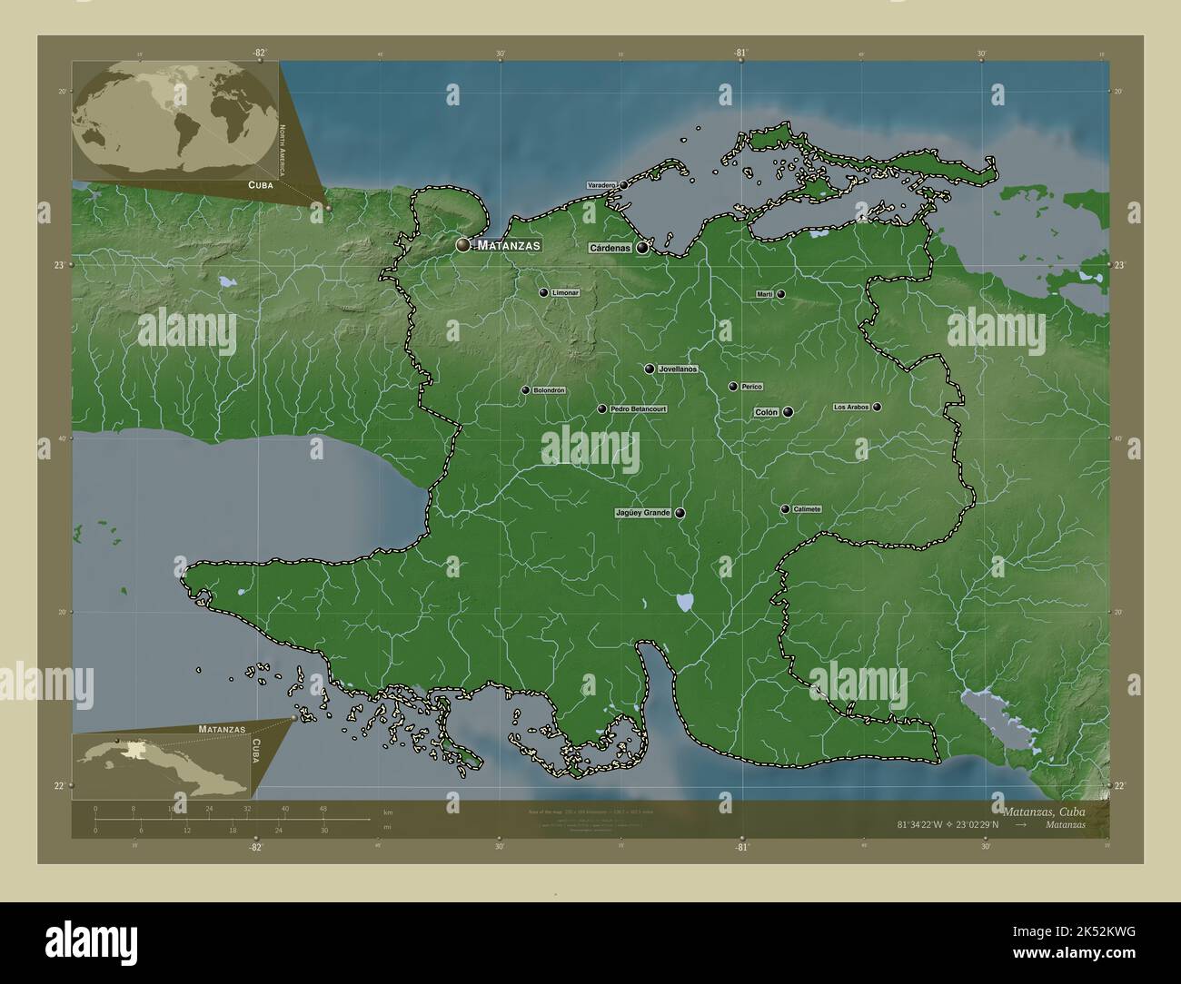 Matanzas, province de Cuba. Carte d'altitude colorée en style wiki avec ...