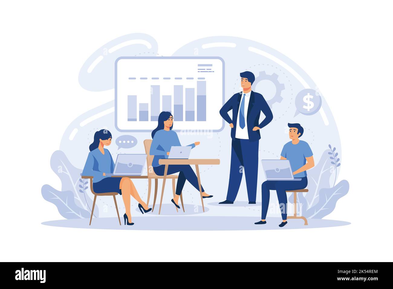 Le patron et les employés discutent des personnages de dessins animés ...