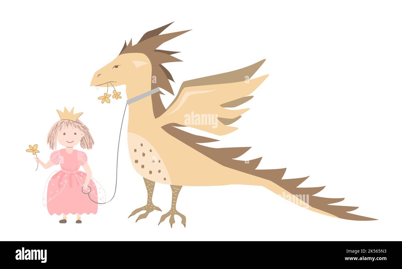 Jolie petite princesse de dessin animé avec grand dragon. Illustration ...