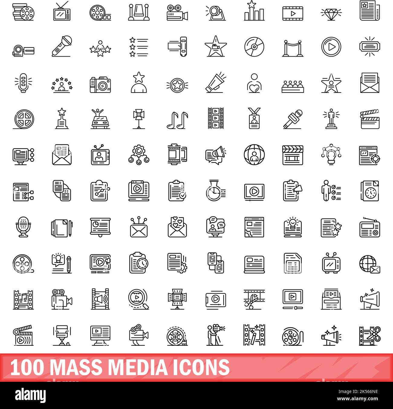 100 icônes de média de masse définies.Illustration du contour de 100 ...