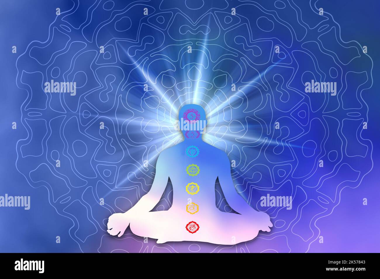 arrière-plan ésotérique spirituel avec silhouette d'un homme en yoga ...