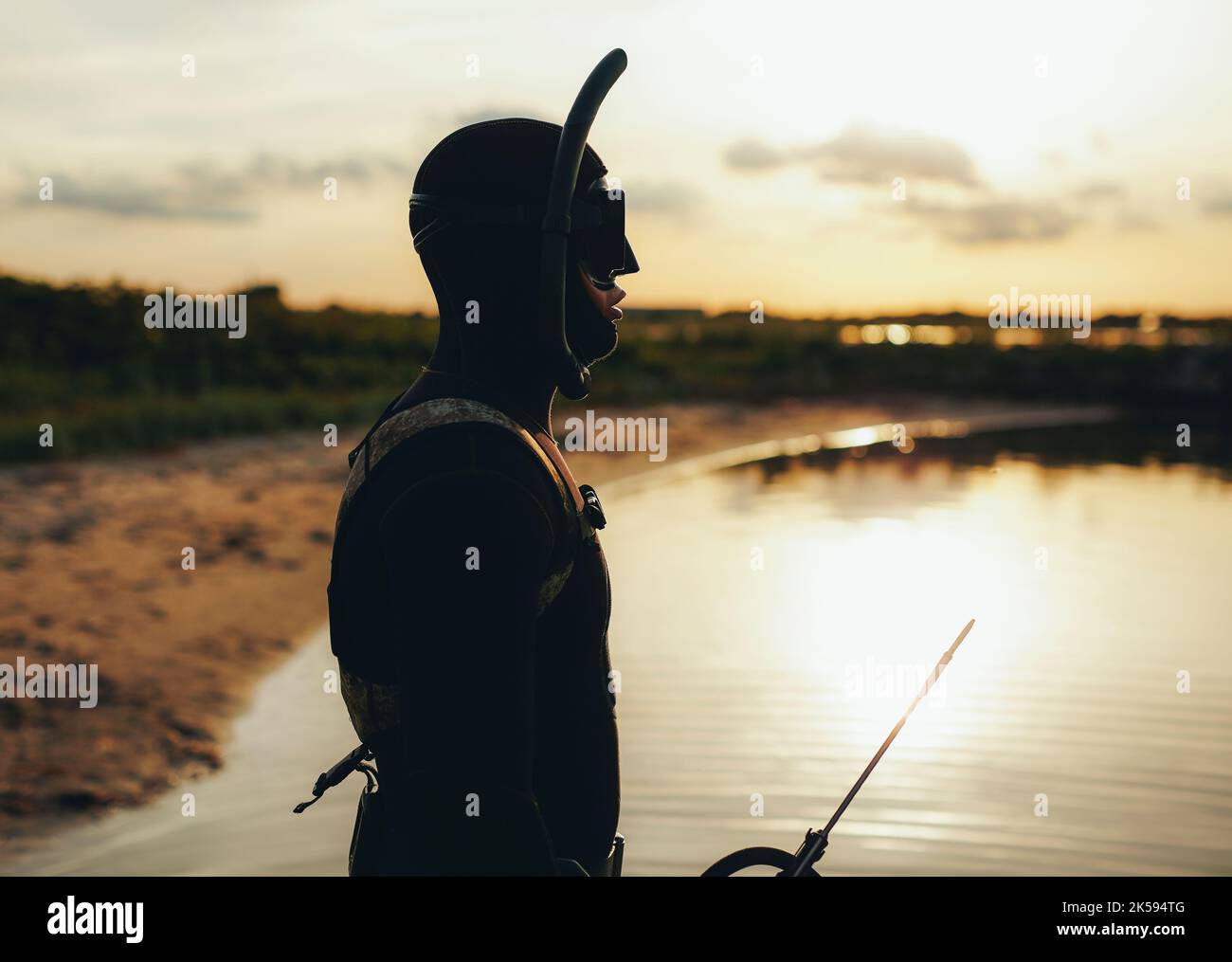 Vue latérale d'un plongeur mâle portant une combinaison et d'un ...