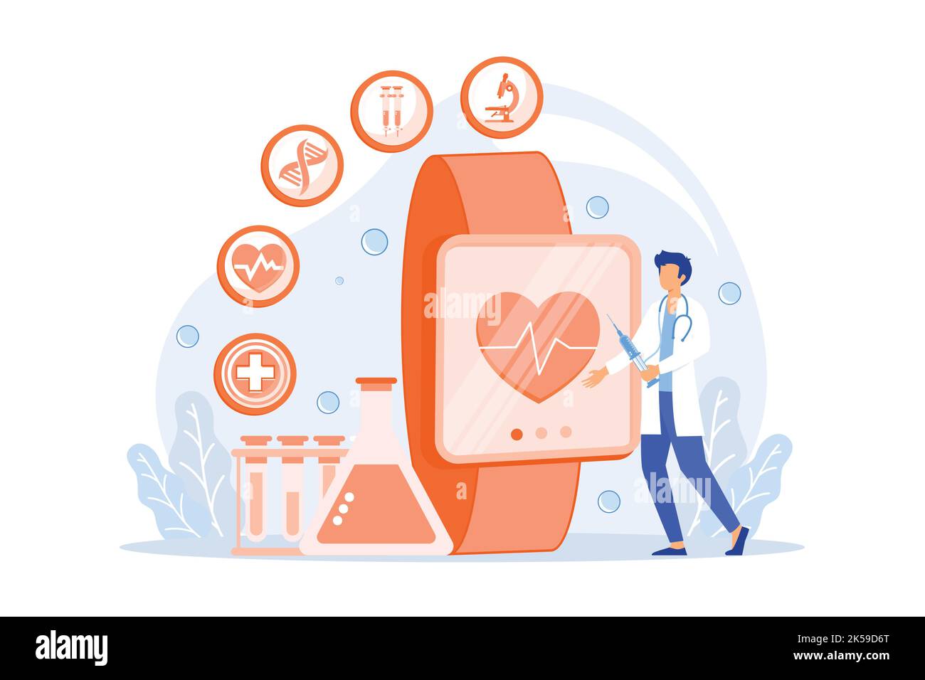 Médecin et montre intelligente avec cœur et icônes médicales ...