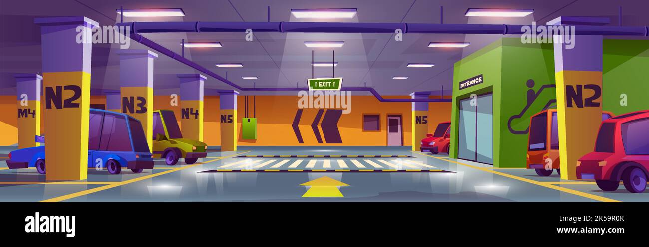 Parking au centre commercial, garage souterrain avec véhicules et ...