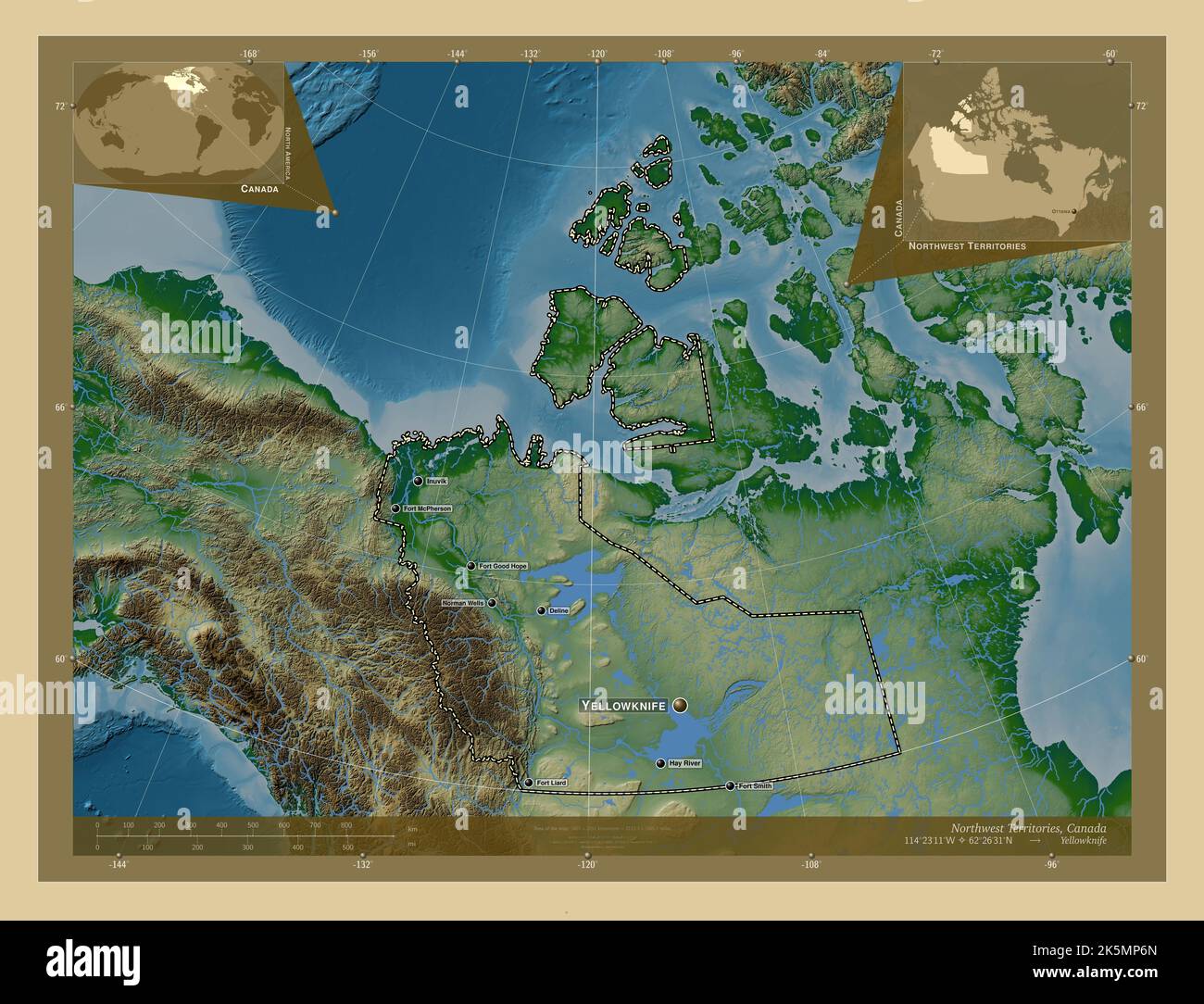 Territoires du Nord-Ouest, territoire du Canada. Carte d'altitude en ...