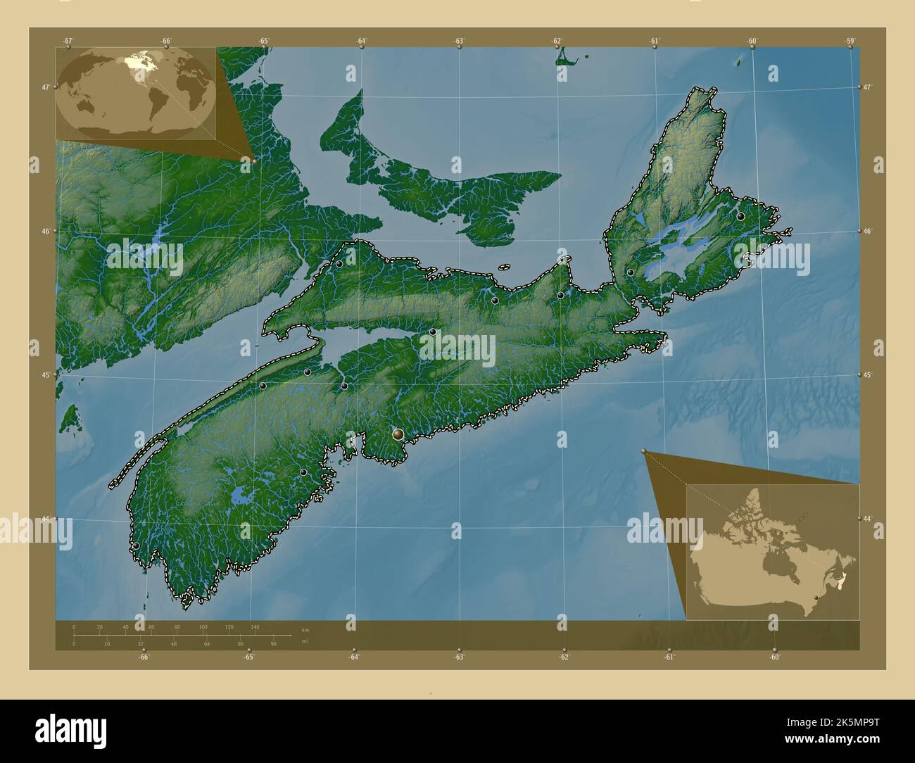 Nouvelle-Écosse, province du Canada. Carte d'altitude en couleur avec ...