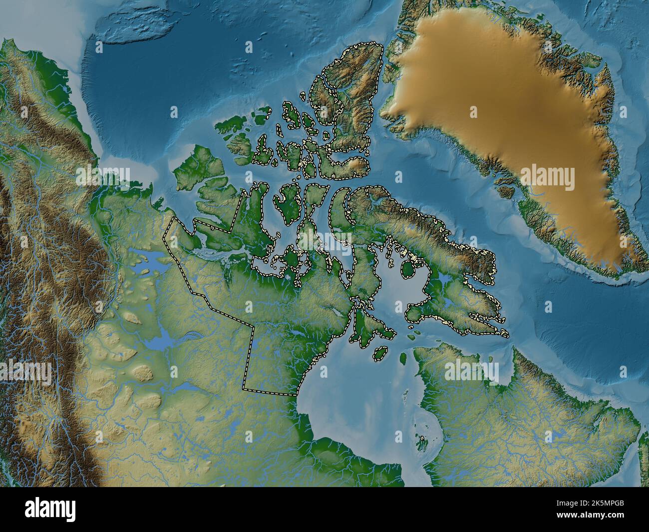 Nunavut, territoire du Canada. Carte d'altitude en couleur avec lacs et ...
