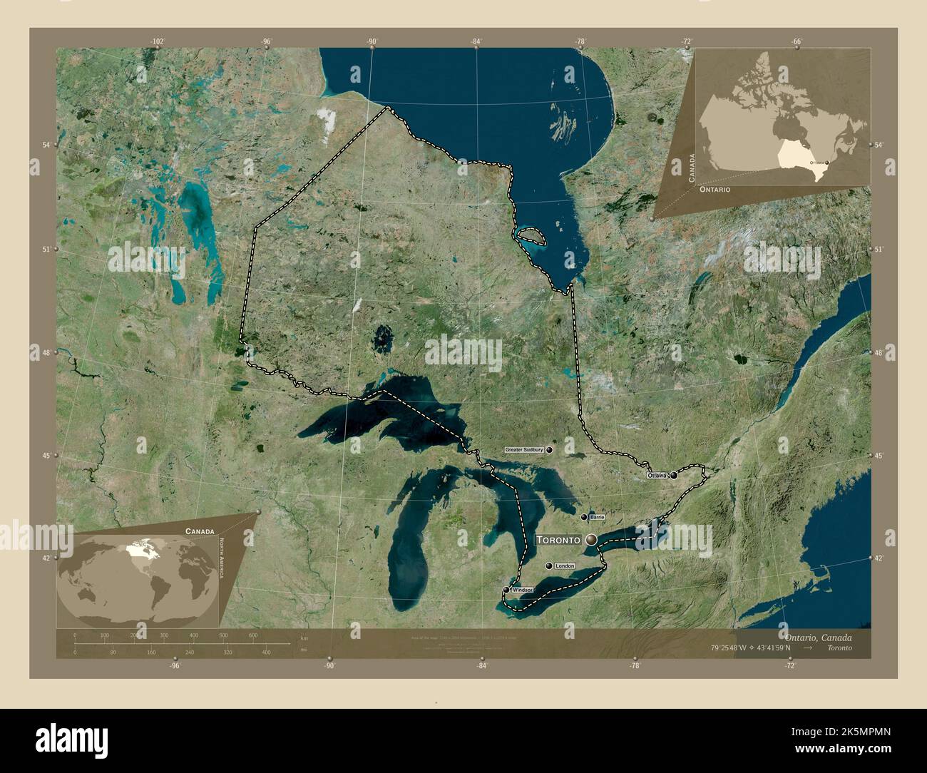 Ontario, province du Canada. Carte satellite haute résolution. Lieux et ...
