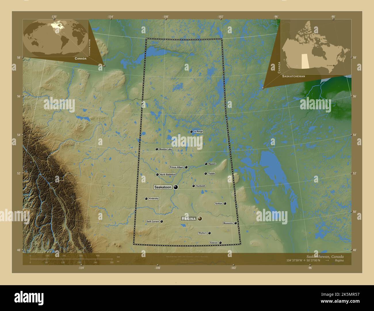 Saskatchewan, province du Canada. Carte d'altitude en couleur avec lacs ...