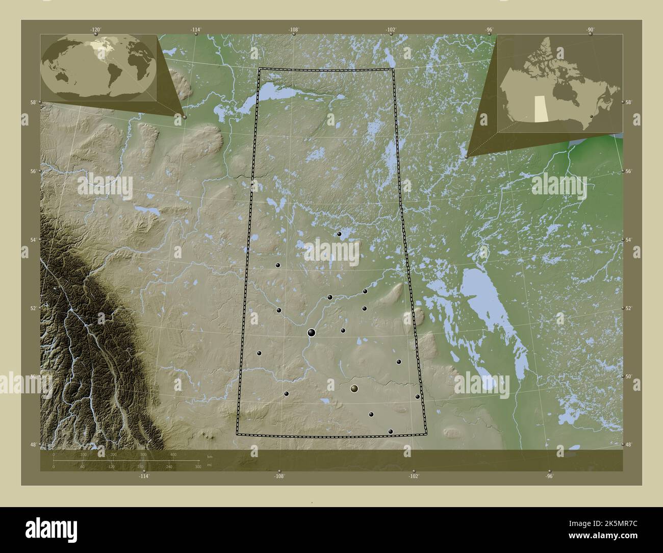 Saskatchewan, province du Canada. Carte d'altitude colorée en style ...