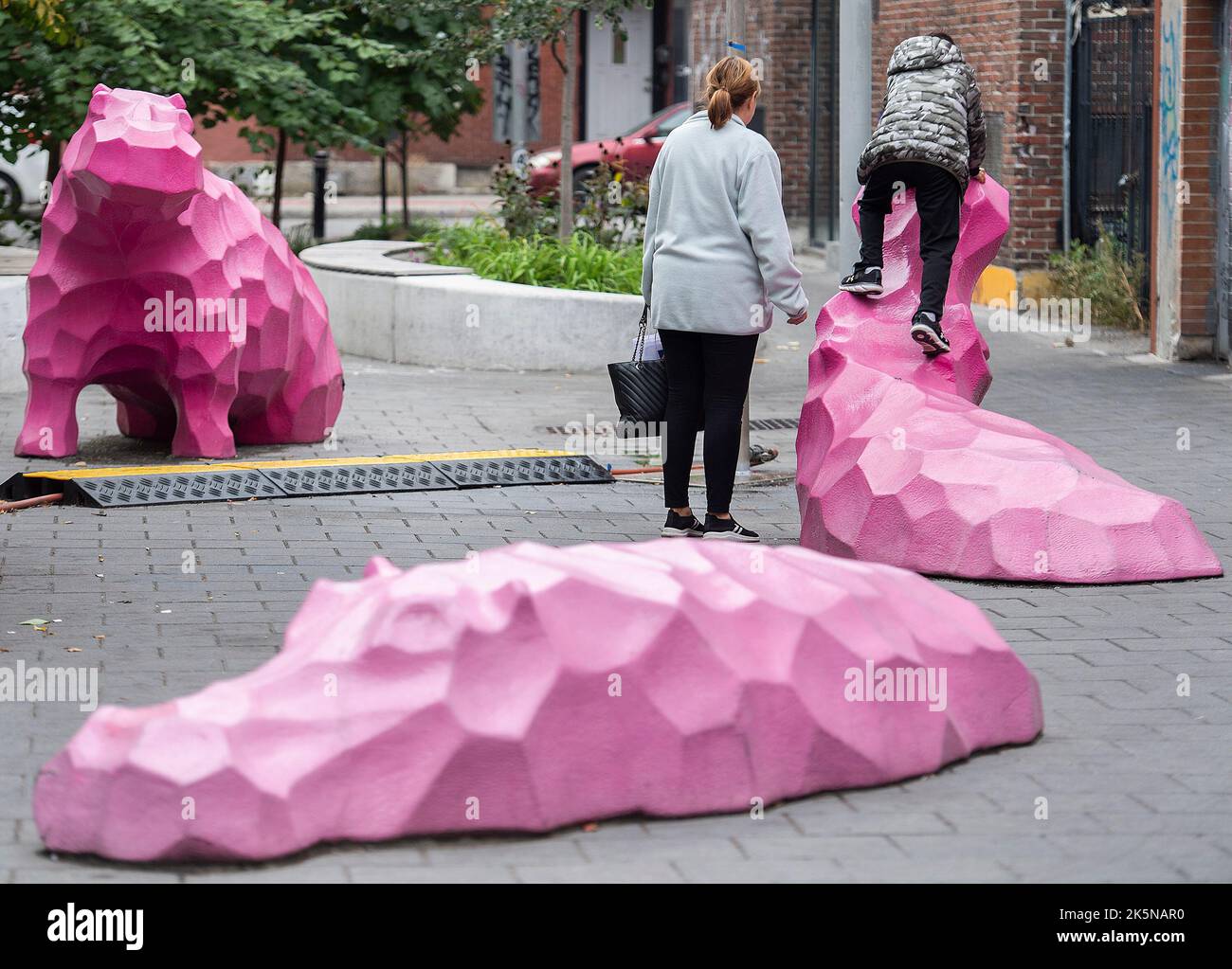 Un jeune garçon monte sur un hippopotame rose à l'emplacement de l ...