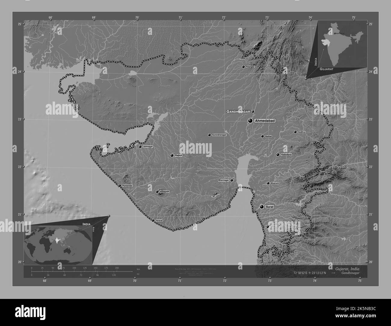 Gujarat, État de l'Inde. Carte d'altitude à deux niveaux avec lacs et ...