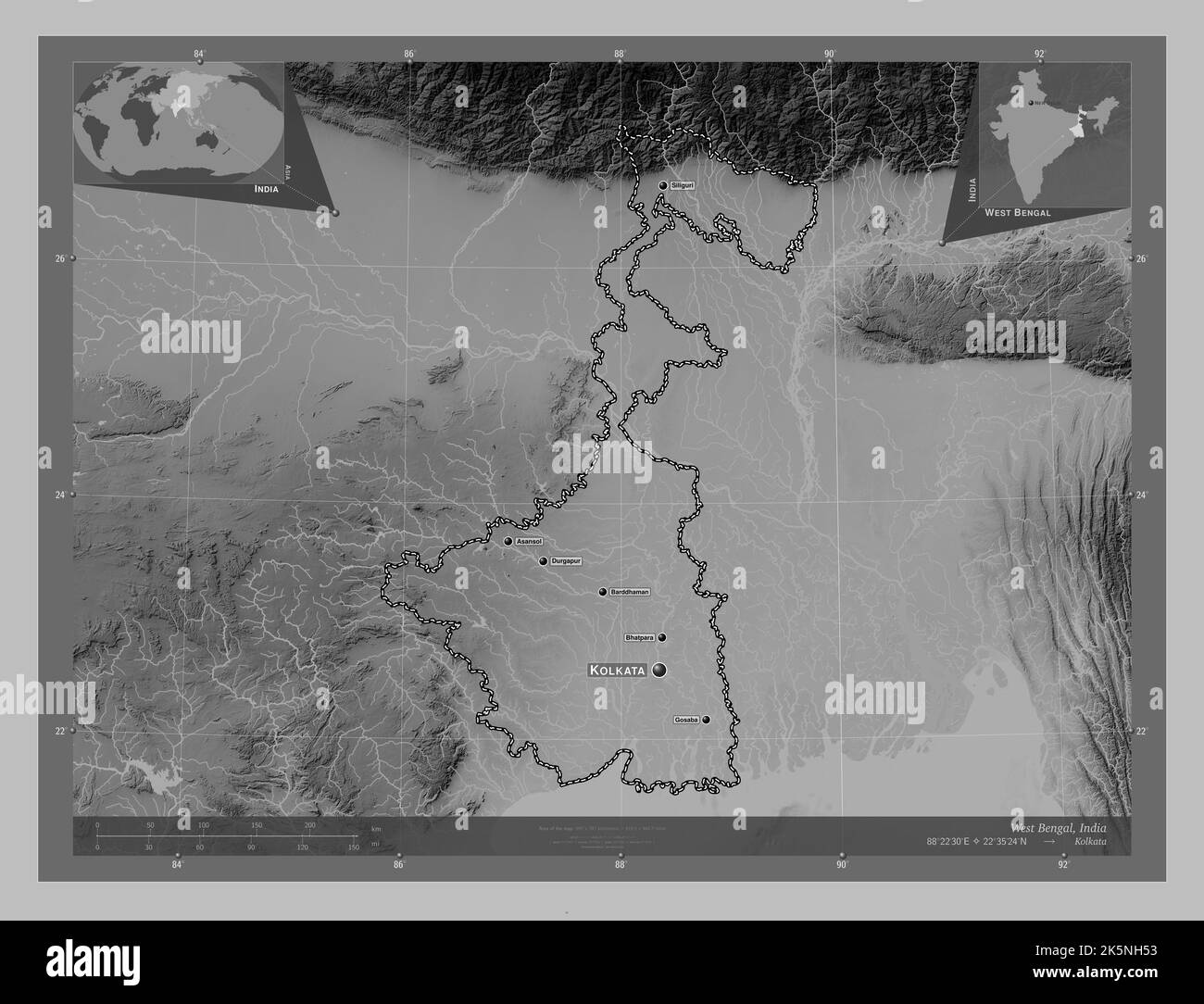Bengale-Occidental, État de l'Inde. Carte d'altitude en niveaux de gris ...