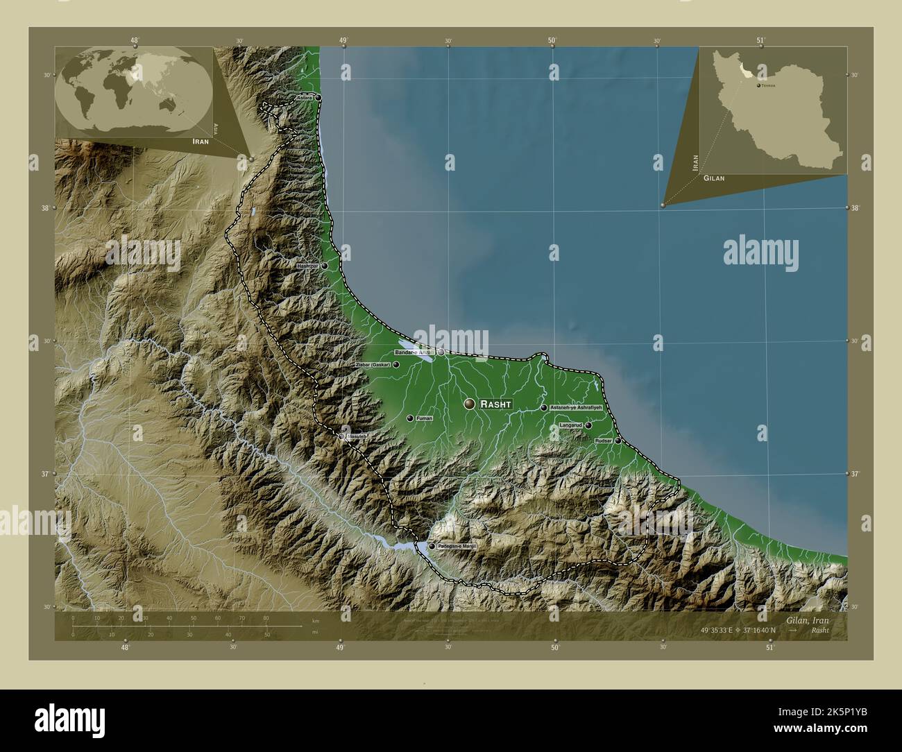 Gilan, province d'Iran. Carte d'altitude colorée en style wiki avec ...
