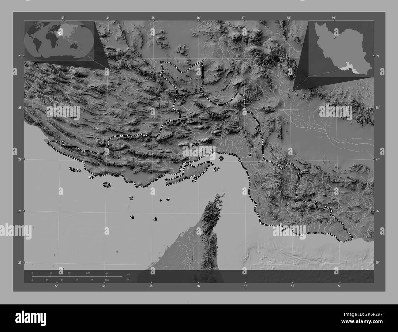Hormozgan, province d'Iran. Carte d'altitude à deux niveaux avec lacs ...