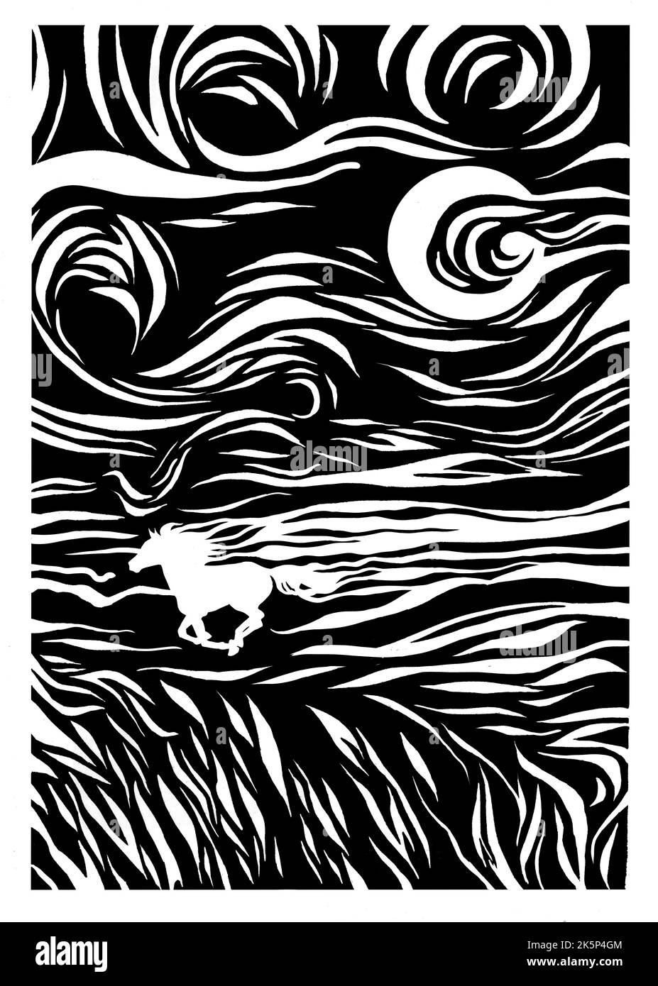 Des chevaux galopant dans un pré la nuit sous une pleine lune. Une ...