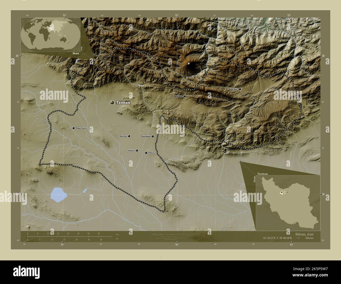 Téhéran, province d'Iran. Carte d'altitude colorée en style wiki avec ...