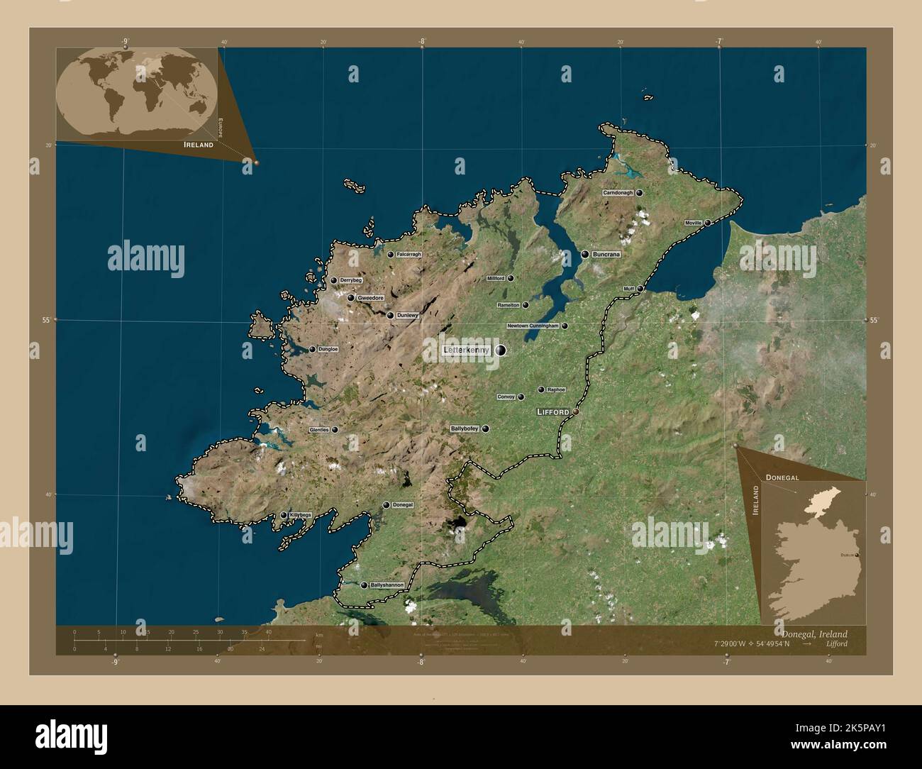 Donegal, comté d'Irlande. Carte satellite basse résolution. Lieux et ...