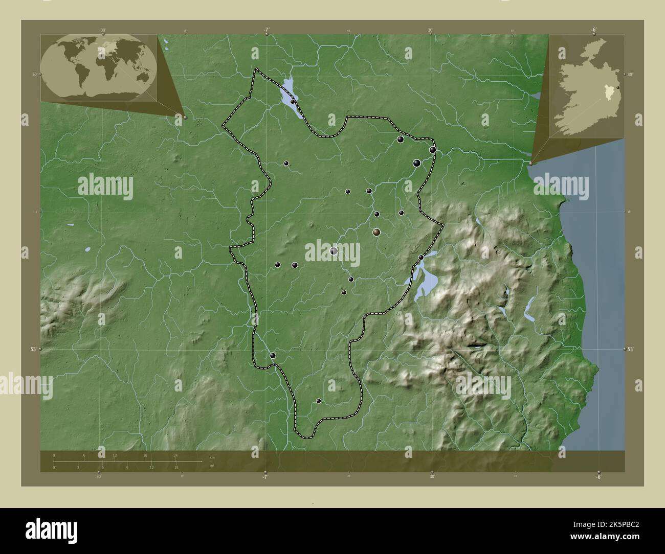 Kildare, comté d'Irlande. Carte d'altitude colorée en style wiki avec ...