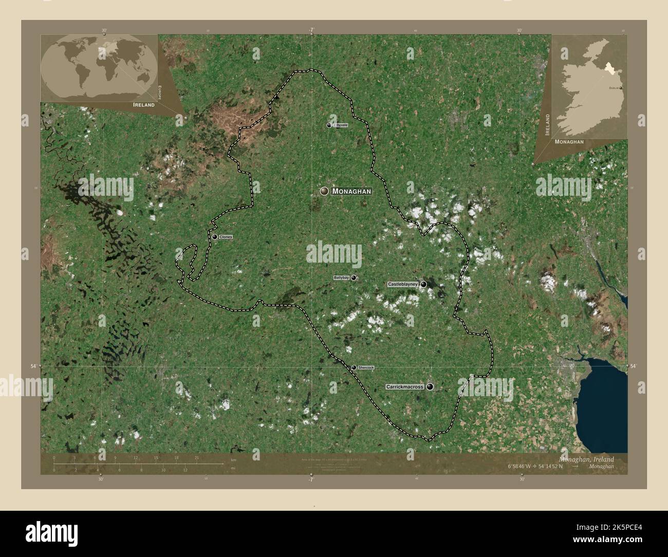 Monaghan, comté d'Irlande. Carte satellite haute résolution. Lieux et ...