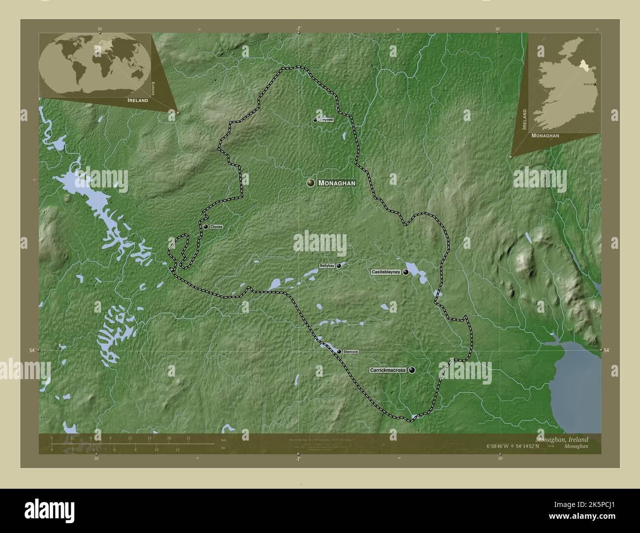 Monaghan, comté d'Irlande. Carte d'altitude colorée en style wiki avec ...