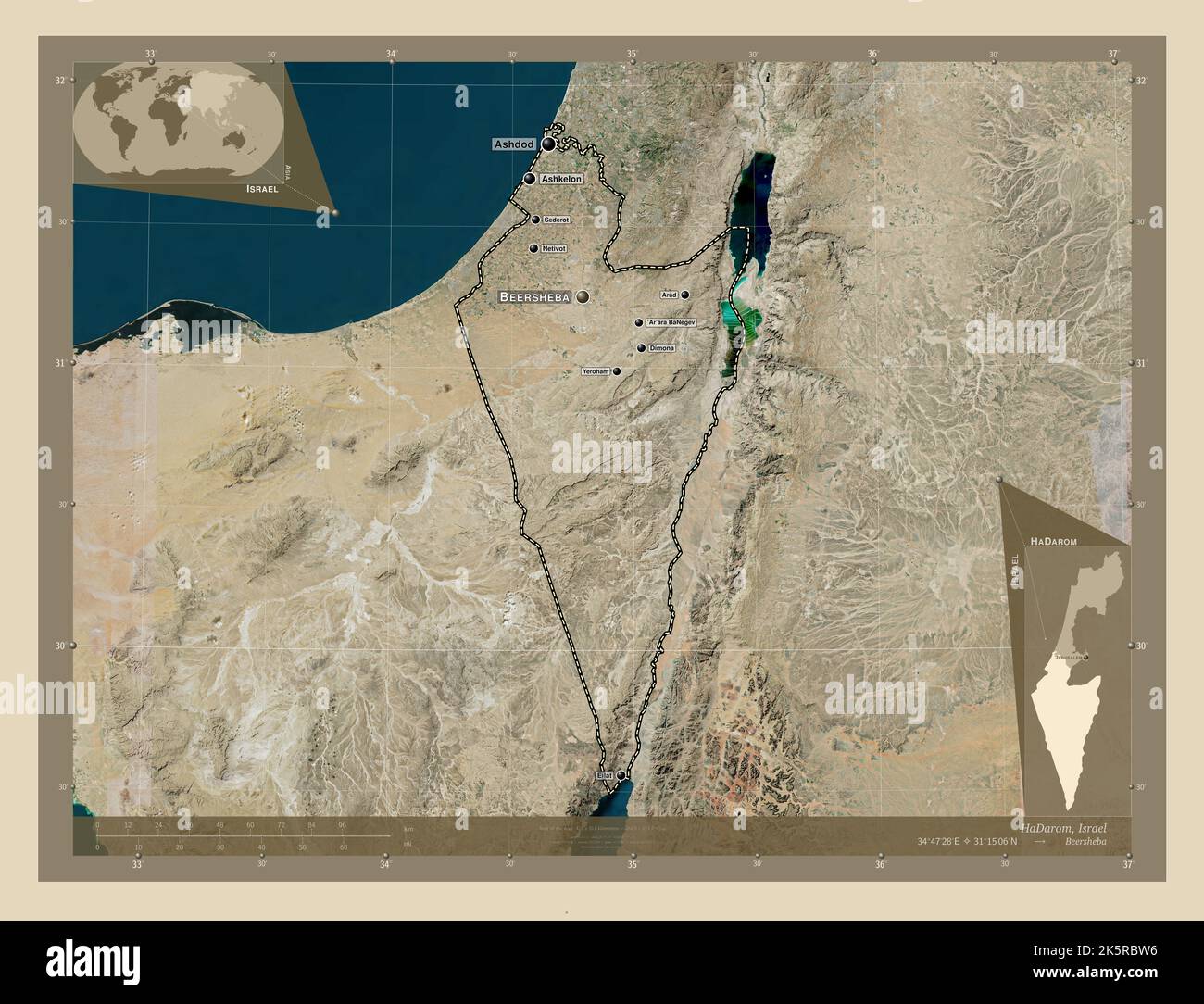 HaDarom, district d'Israël. Carte satellite haute résolution. Lieux et ...