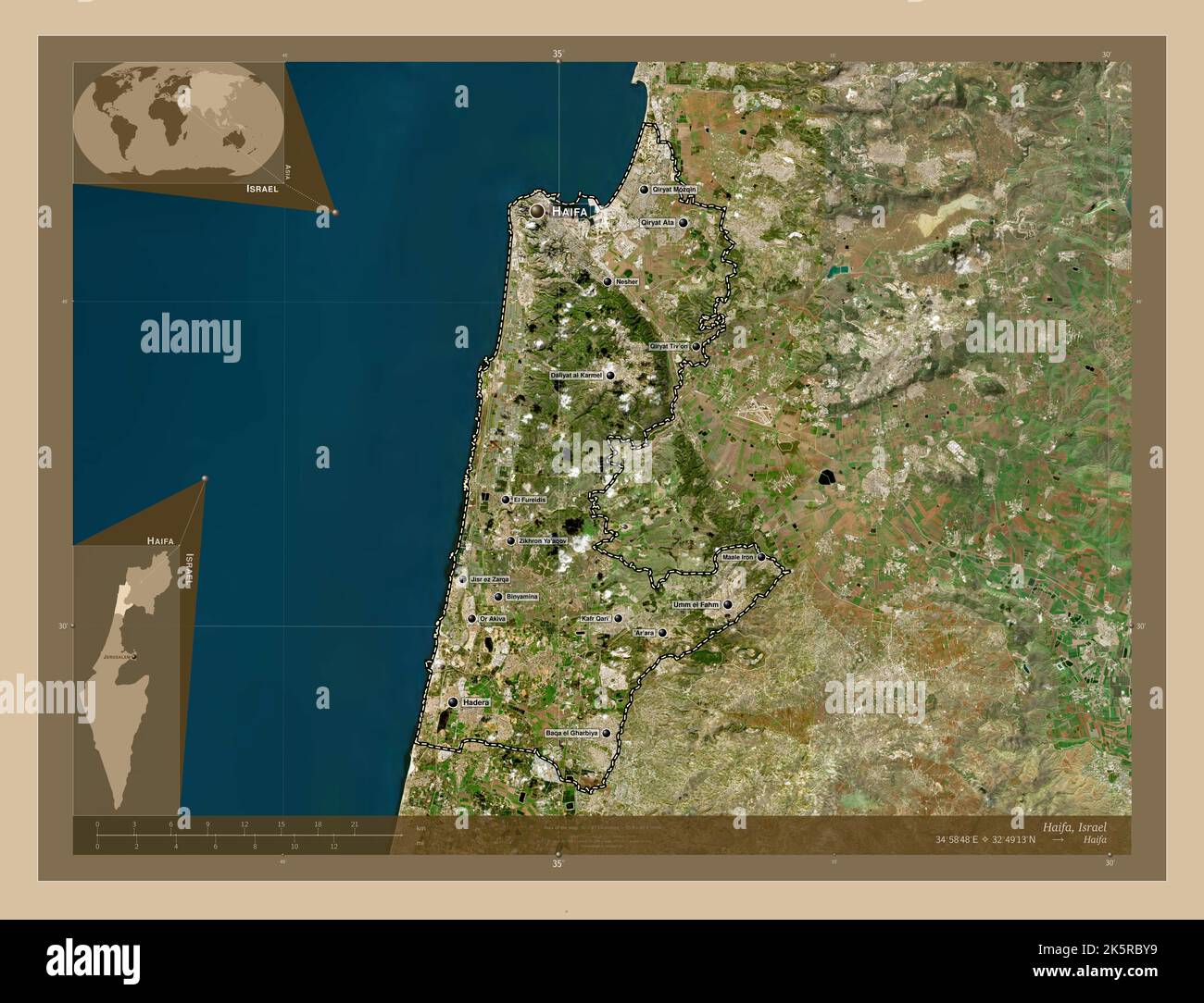 Haïfa, district d'Israël. Carte satellite basse résolution. Lieux et ...