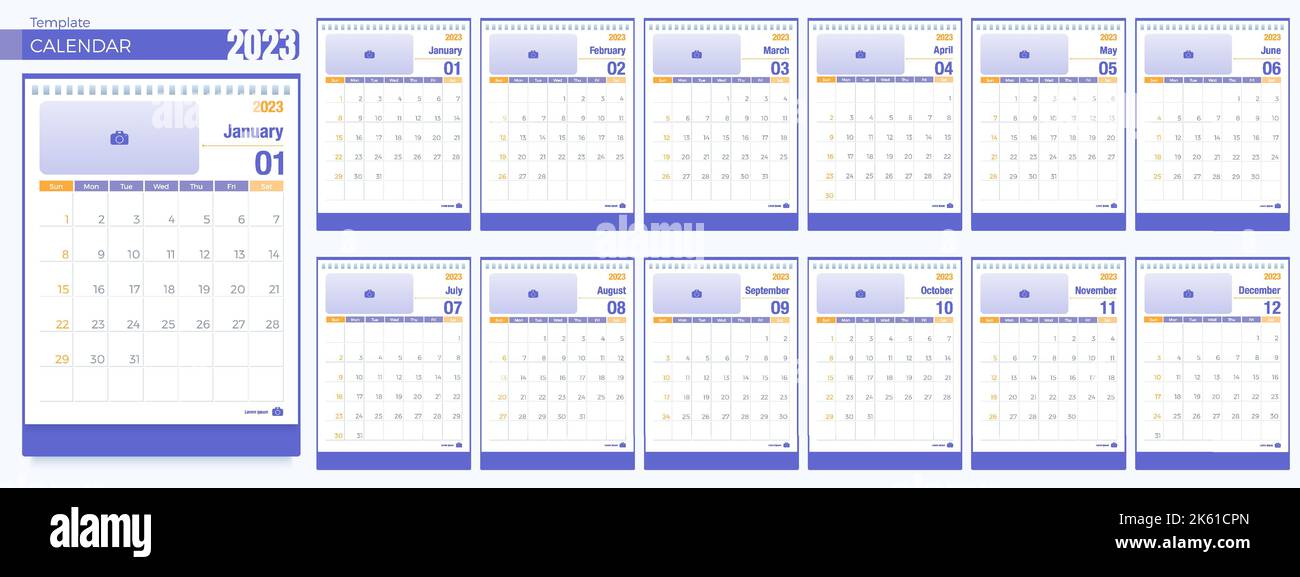 Modèles de calendrier 2023. 12 mois, calendrier vertical mensuel simple ...