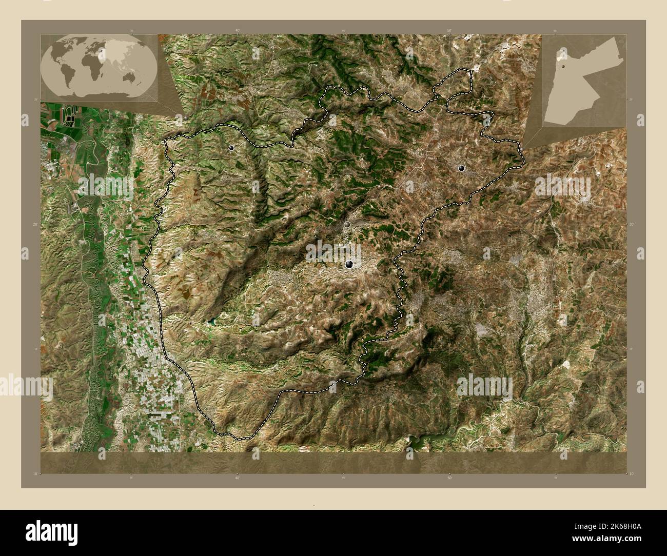 Ajlun, province de Jordanie. Carte satellite haute résolution. Lieux ...
