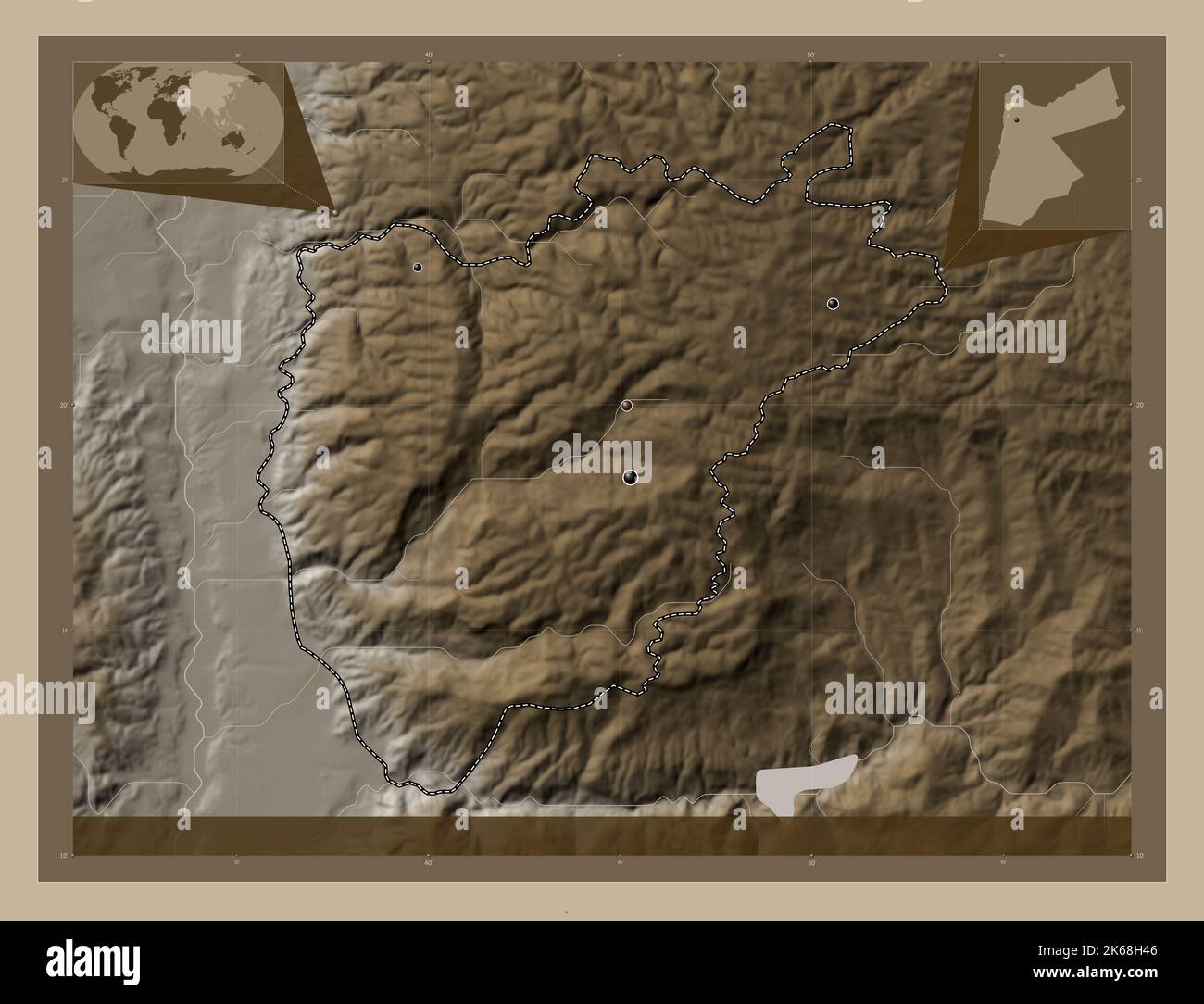 Ajlun, province de Jordanie. Carte d'altitude colorée en tons sépia ...