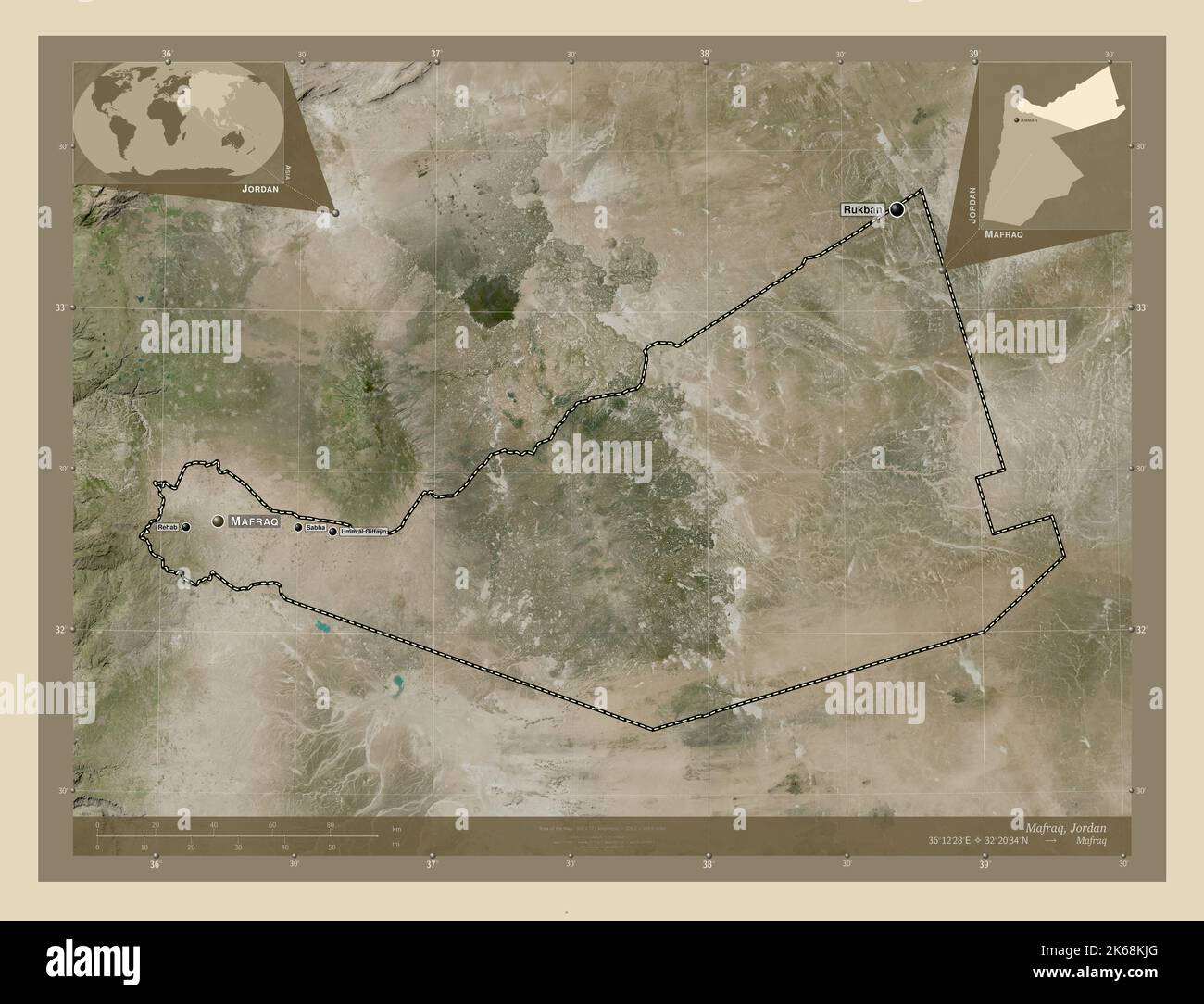 Mafraq, province de Jordanie. Carte satellite haute résolution. Lieux ...