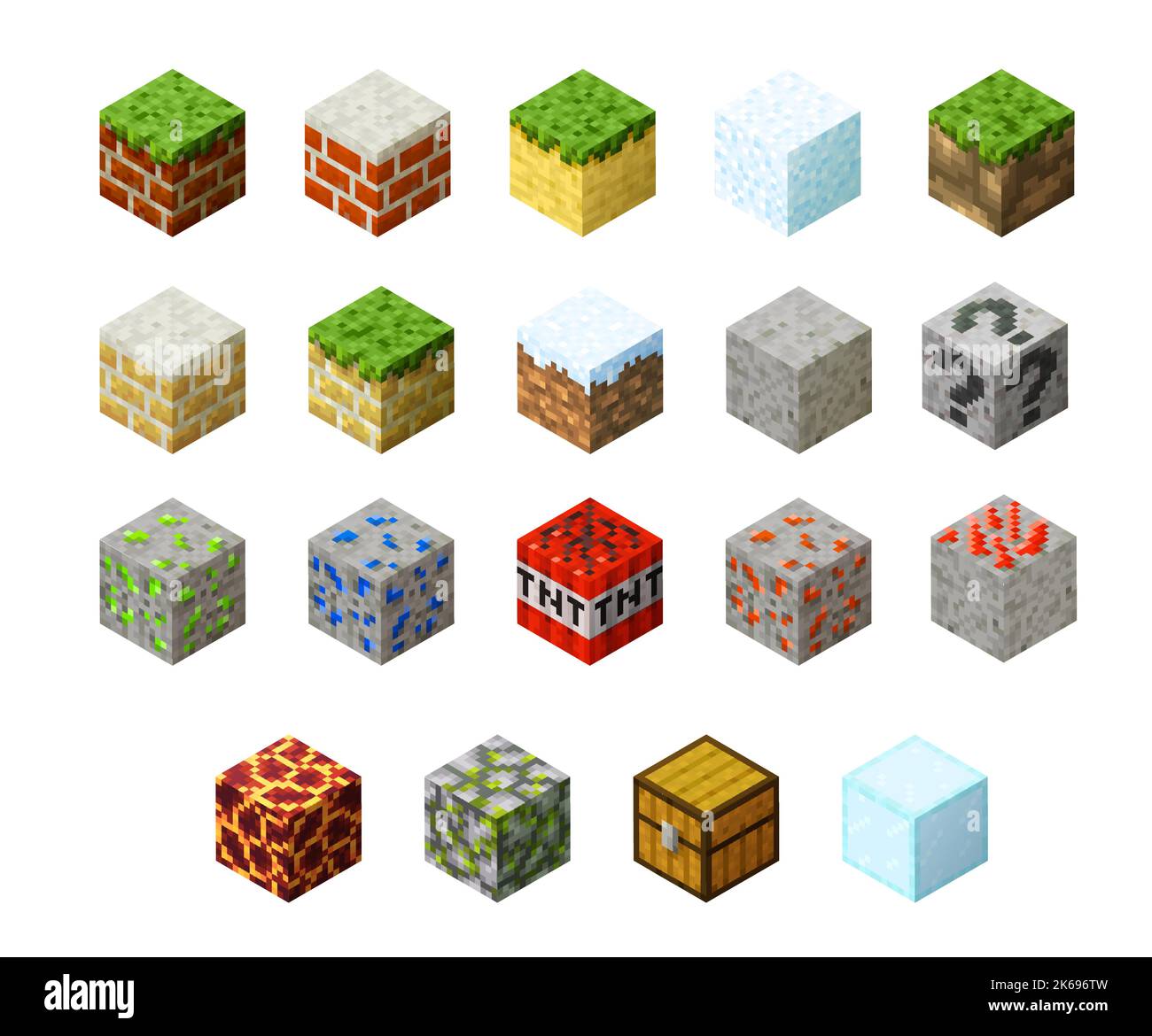 Blocs de jeu de pixels d'herbe, de pierre, d'eau de glace et de sable, lave ou charbon et TNT ...