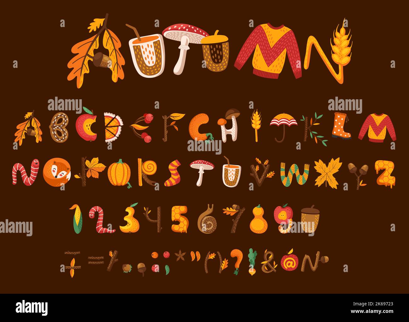 Caricature automne Thanksgiving police, type ou alphabet. Typographie ...