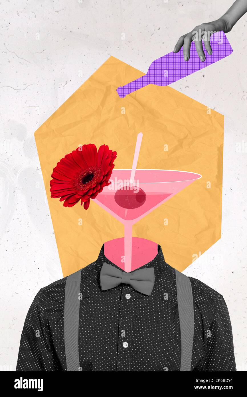 Photo de collage de jeune homme drôle sans tête abstrait verre boisson ...