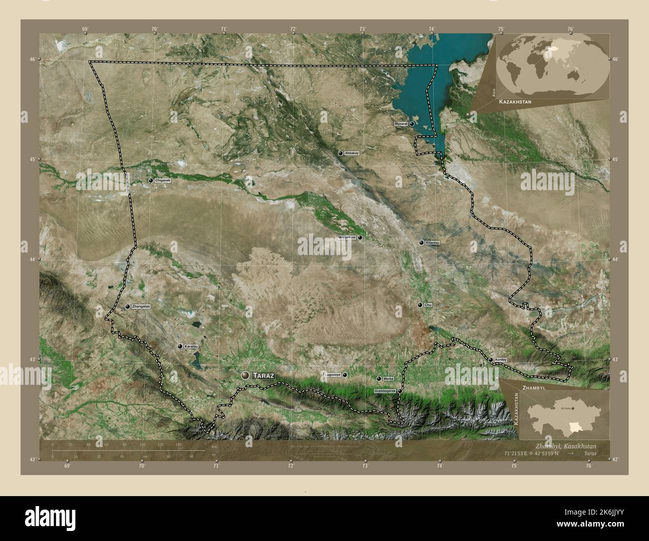 Zhambyl, région du Kazakhstan. Carte satellite haute résolution. Lieux ...