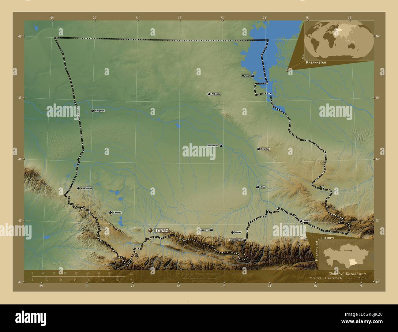 Zhambyl, région du Kazakhstan. Carte d'altitude en couleur avec lacs et ...