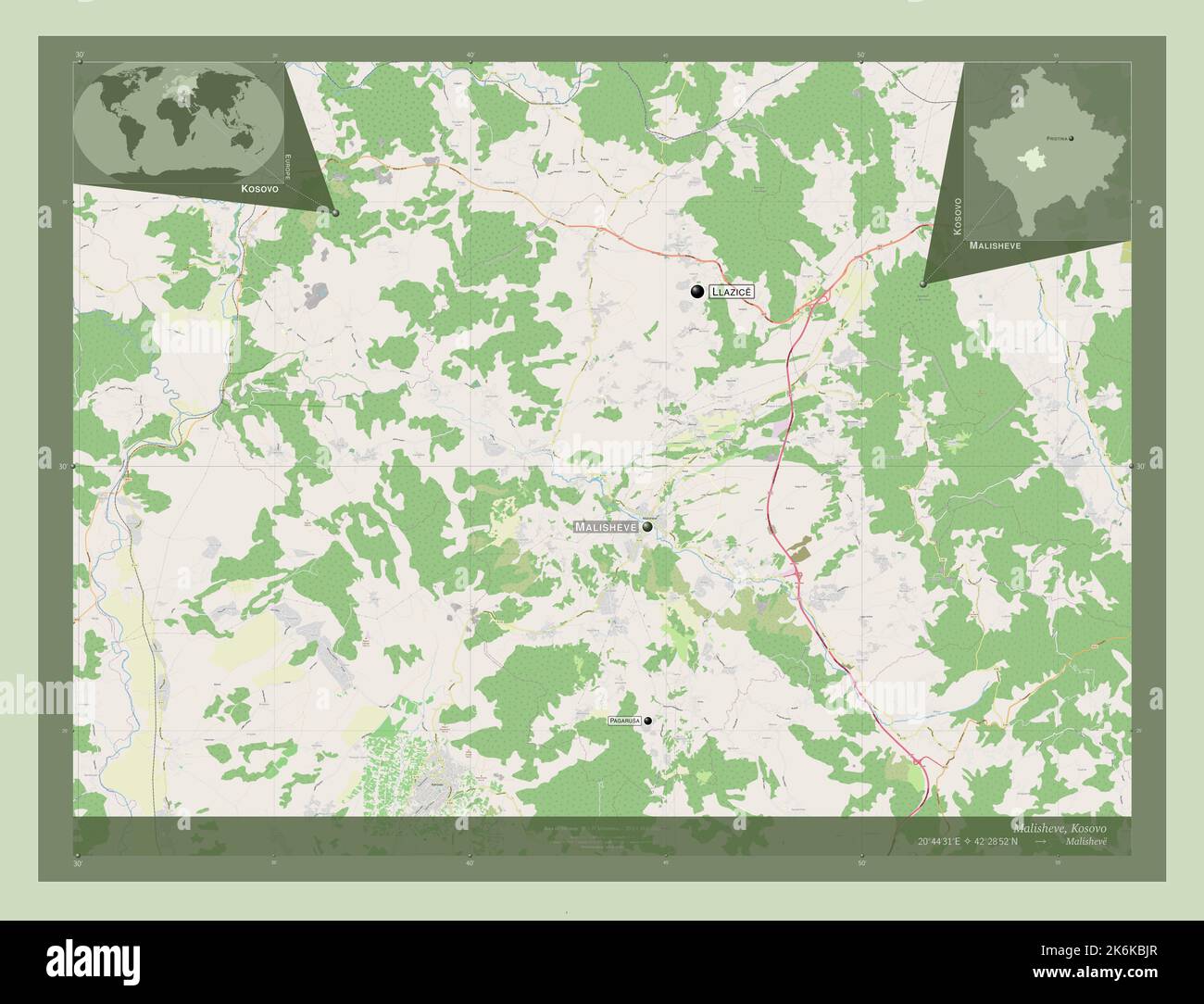 Malisheve, municipalité du Kosovo. Ouvrez la carte des rues. Lieux et ...