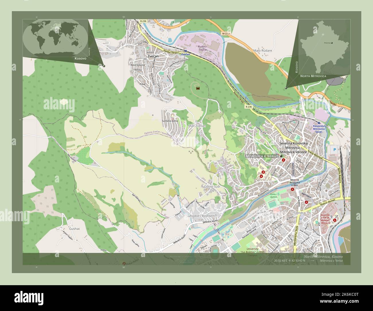 Mitrovica Nord, municipalité du Kosovo. Ouvrez la carte des rues. Lieux et noms des principales ...