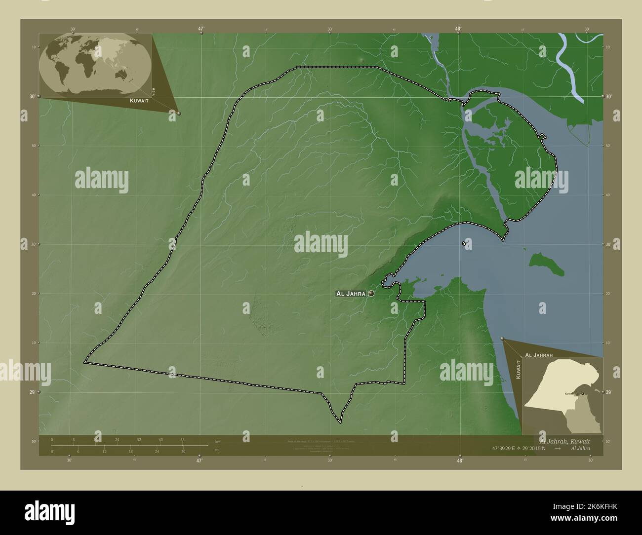 Al Jahrah, province du Koweït. Carte d'altitude colorée en style wiki ...