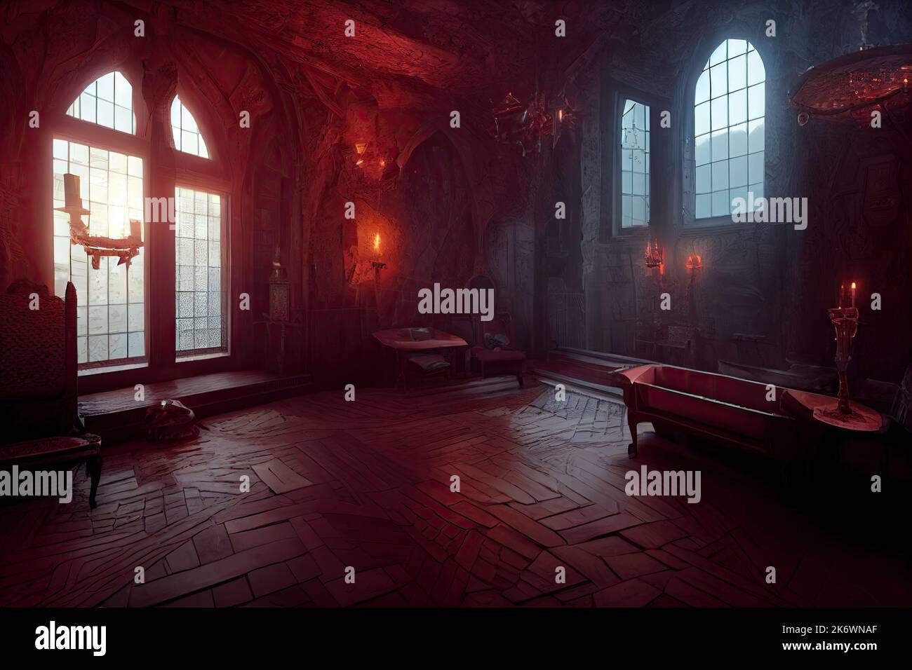 Un ancien château de vampire est installé dans un élégant salon ...