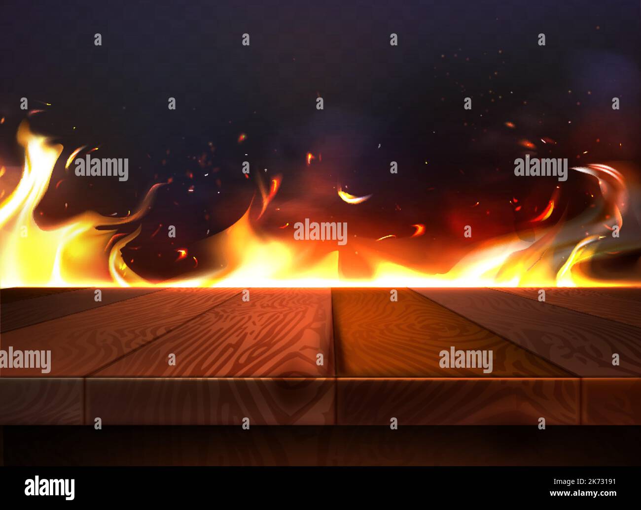 Table vide en bois avec flammes sur fond sombre. Panneau de texture du ...