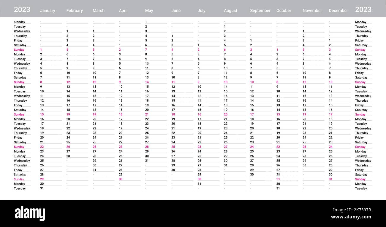 Modèle de calendrier linéaire gris simple pour 2023 avec grille ...