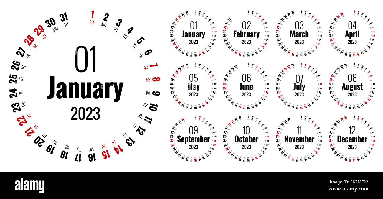 Calendrier circulaire pour 2023. Modèle d'impression, logo et texte ...
