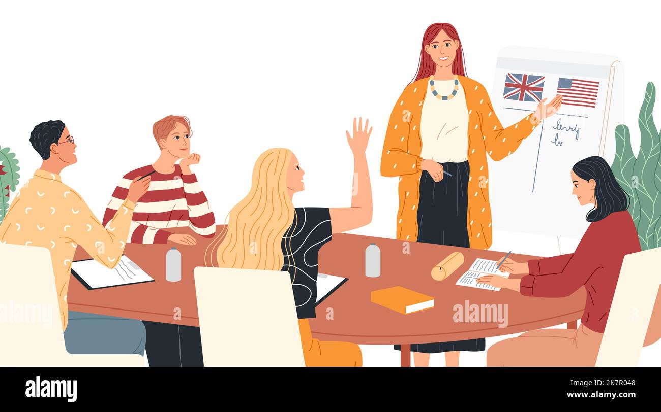 Étudier l'anglais. Classe, enseignant sur le tableau blanc devant les ...