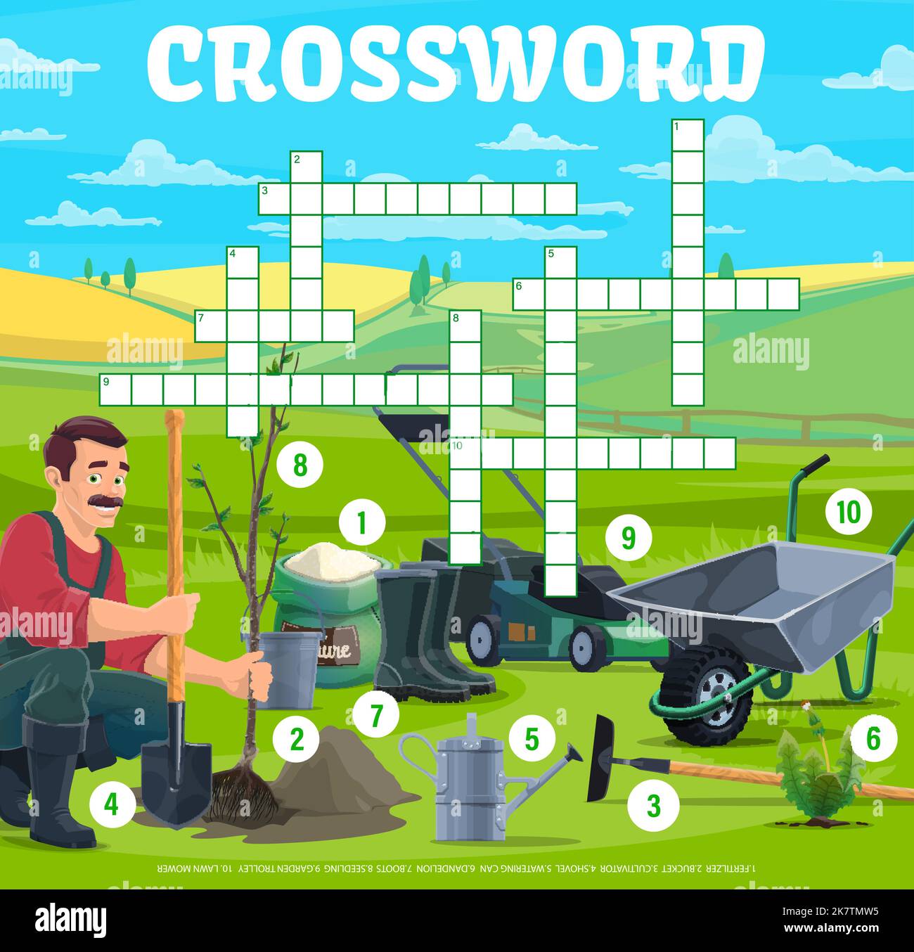 Outils et équipement d'agriculteur, grille de mots croisés ou feuille de calcul de vecteur de ...