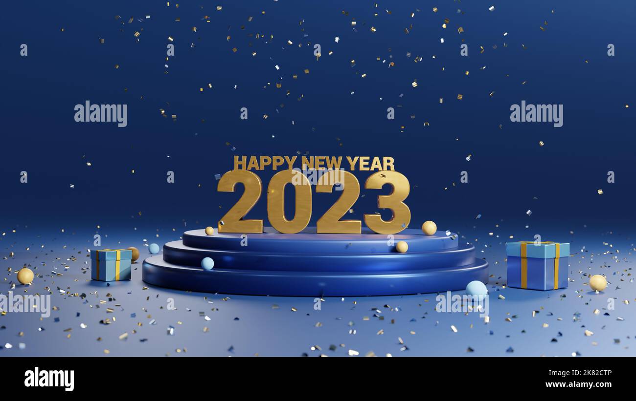 Fond bleu de la nouvelle année 2023 avec 3D lettres dorées, image du concept de la nouvelle ...