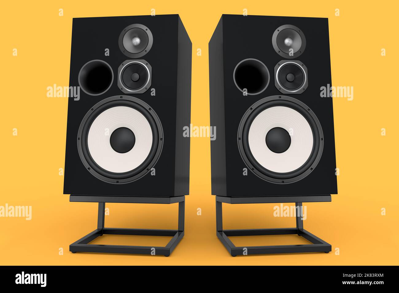 Enceintes hi-fi avec haut-parleurs sur socle, isolées sur fond jaune ...