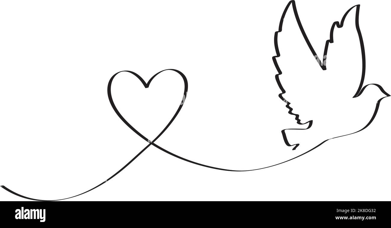 Silhouette de colombe volante dans la ligne d'un coeur, vecteur ...