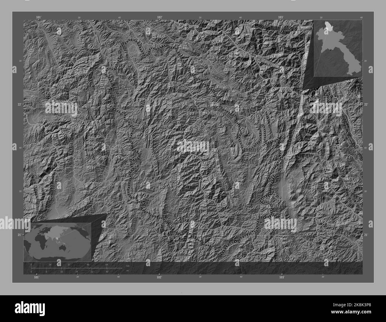 Phongsali, province du Laos. Carte d'altitude à deux niveaux avec lacs ...