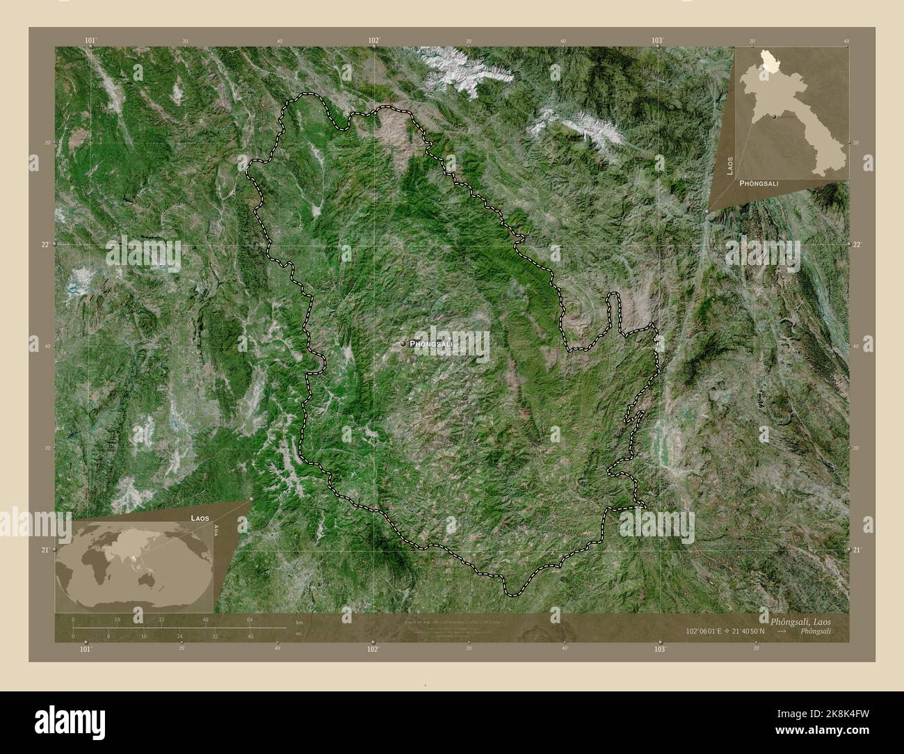 Phongsali, province du Laos. Carte satellite haute résolution. Lieux et ...